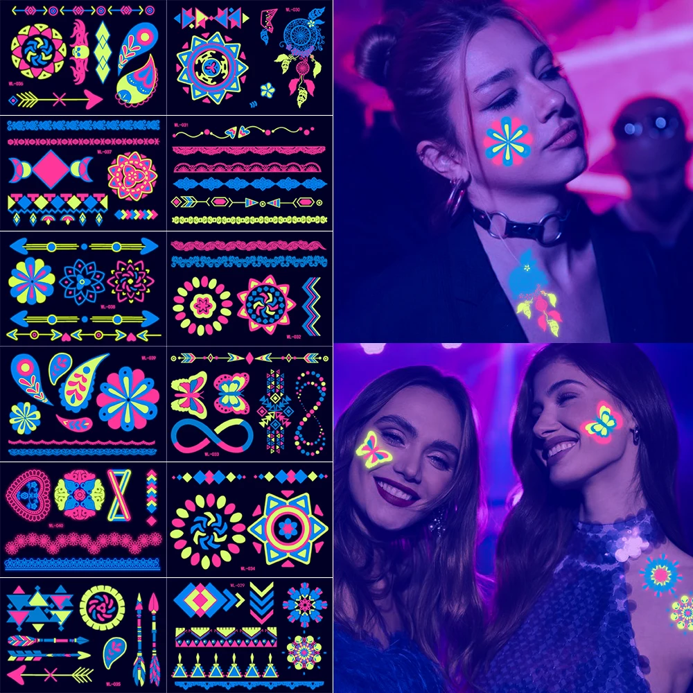 1pc 3D Fluorescent Temporary Tattoos Stickers UV Light Neon Fluorescent ...