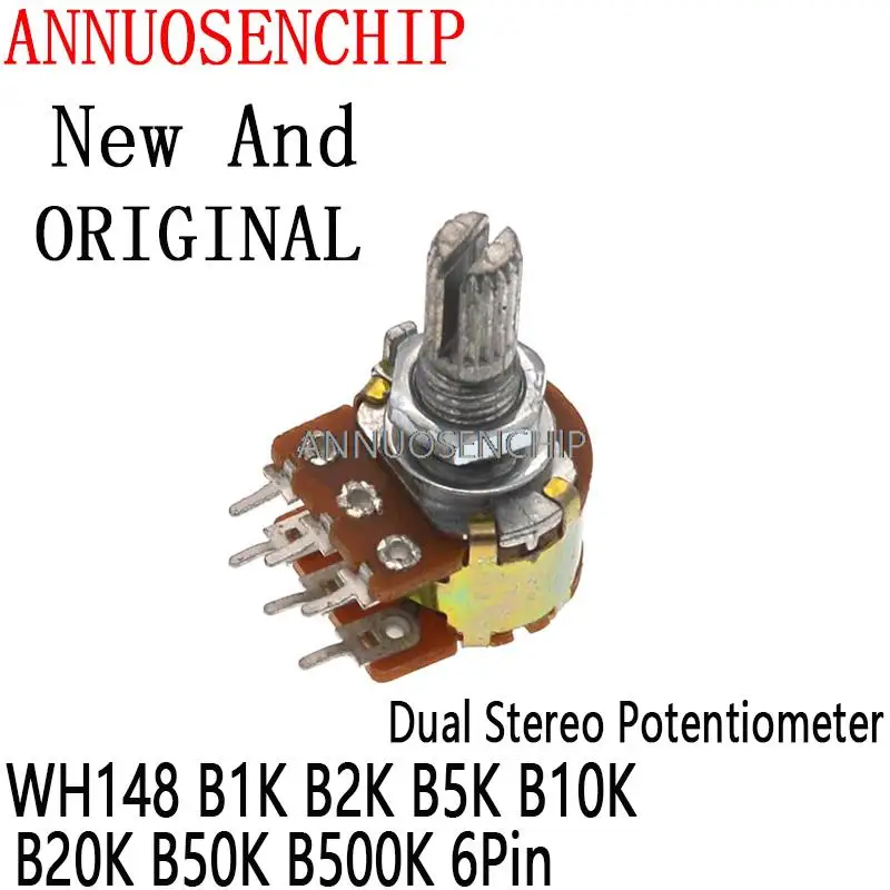 Potenciômetro estéreo duplo do amplificador do eixo, WH148, 1K, 2K, 5K ...
