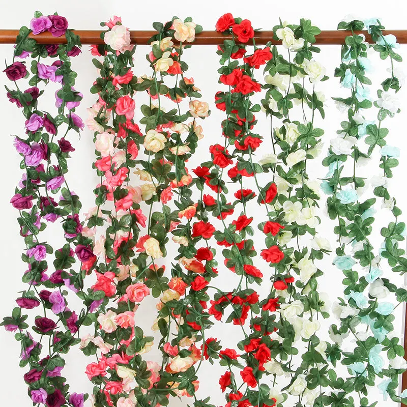 2-4M-45Heads-Artificial-Rose-Vine-Flowers-with-Green-Leaves-Hanging-for ...
