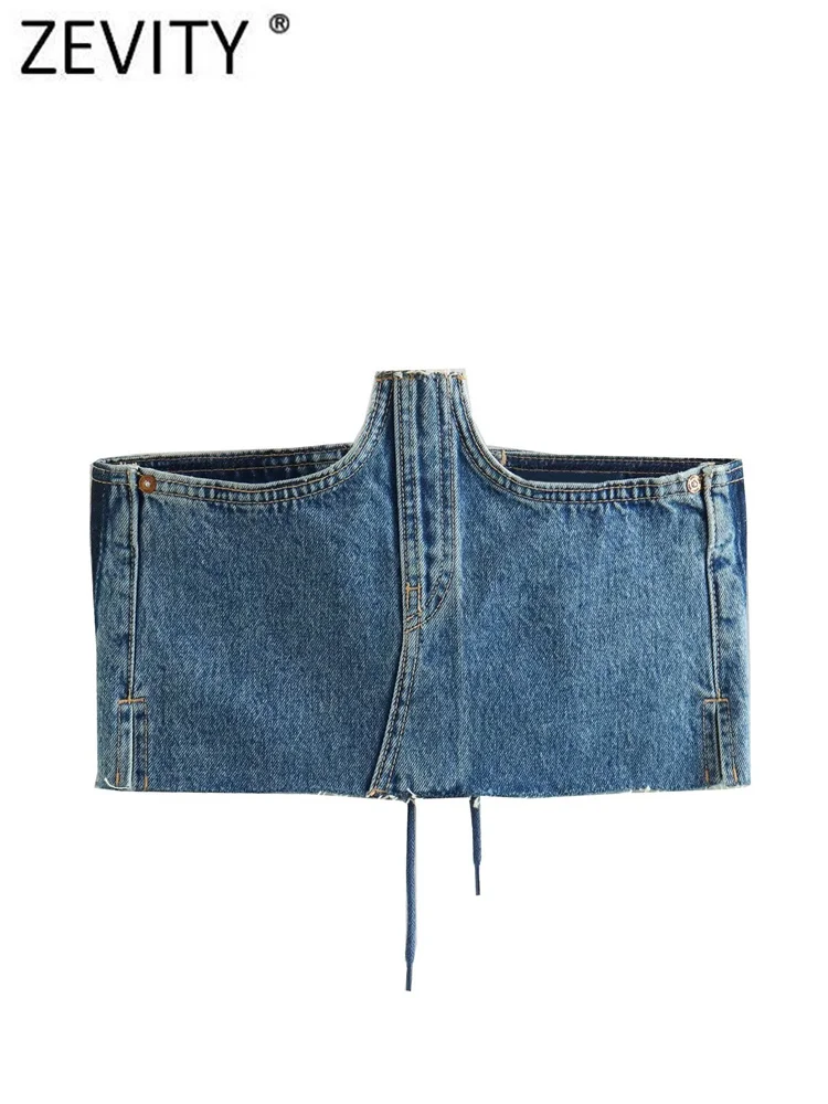 Zevity 여성용 섹시한 스트랩리스 코르셋 스타일 짧은 데님 작업복 블라우스, 여성용 붕대 보우 타이 셔츠, 시크한 크롭 탑 ...