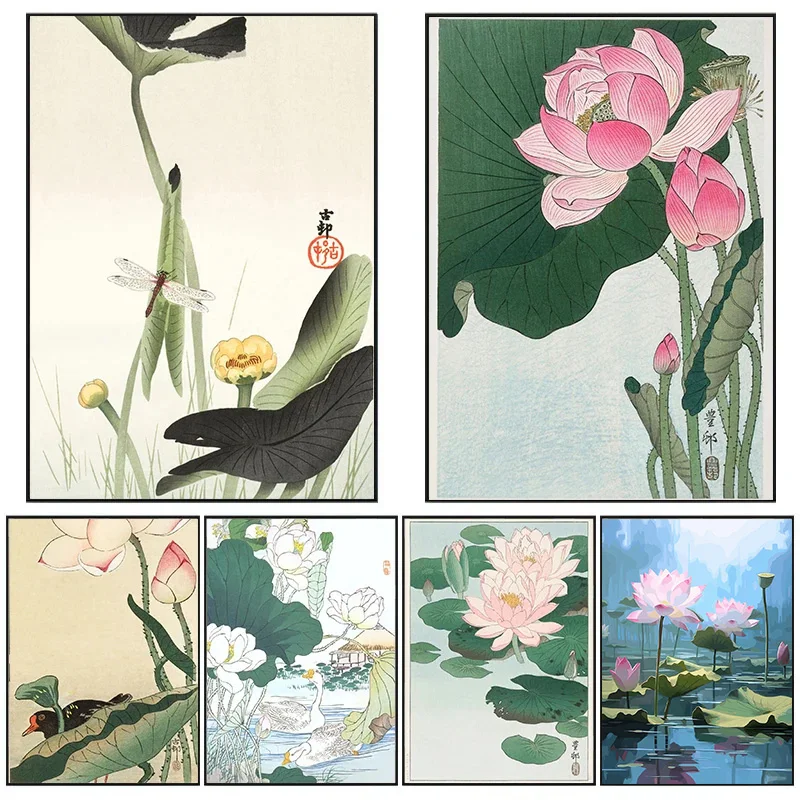 Traditional-Vintage-Retro-Lotus-Flower-Leaf-Landscape-Art-Poster-Canvas ...