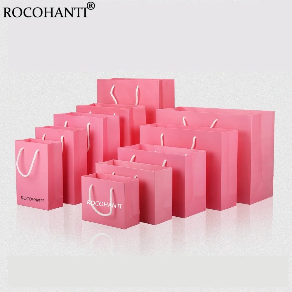 10pcs Customized Logo Printed Pink Color Thick Paper Gift Bags Eco ...