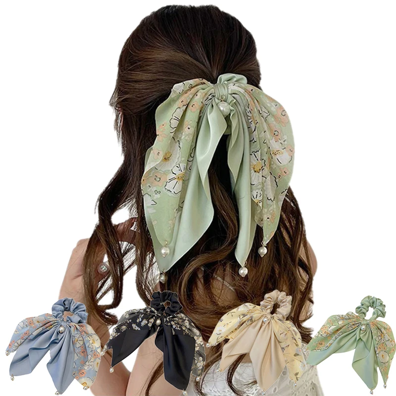 Fashion Print Bow Scrunchies Hair Ribbon For Women Elastic Hair Pearls ...