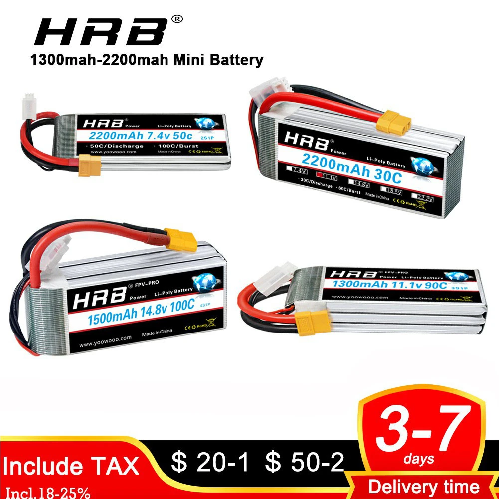 HRB 2S 3S 4S Lipo Battery 1300mah 1500mah 1800mah 2200mah with XT60 Connector For FPV Drone ...