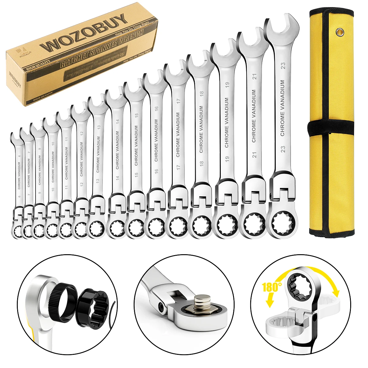 WOZOBUY-12pcs-13pcs-box-Flexible-Pivoting-Head-Ratchet-Wrench-Spanner ...