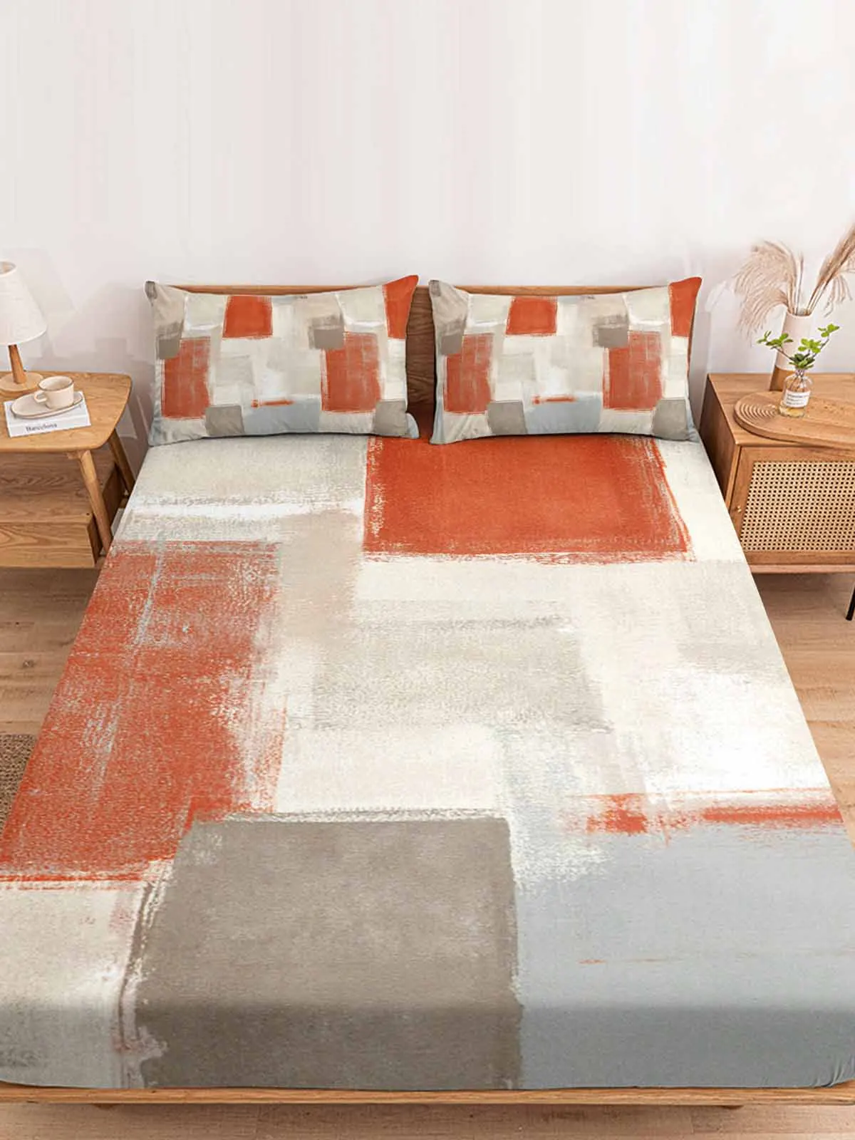 Orange-Red Smear Paint Square Polyester Fitted Sheet Mattress Cover ...