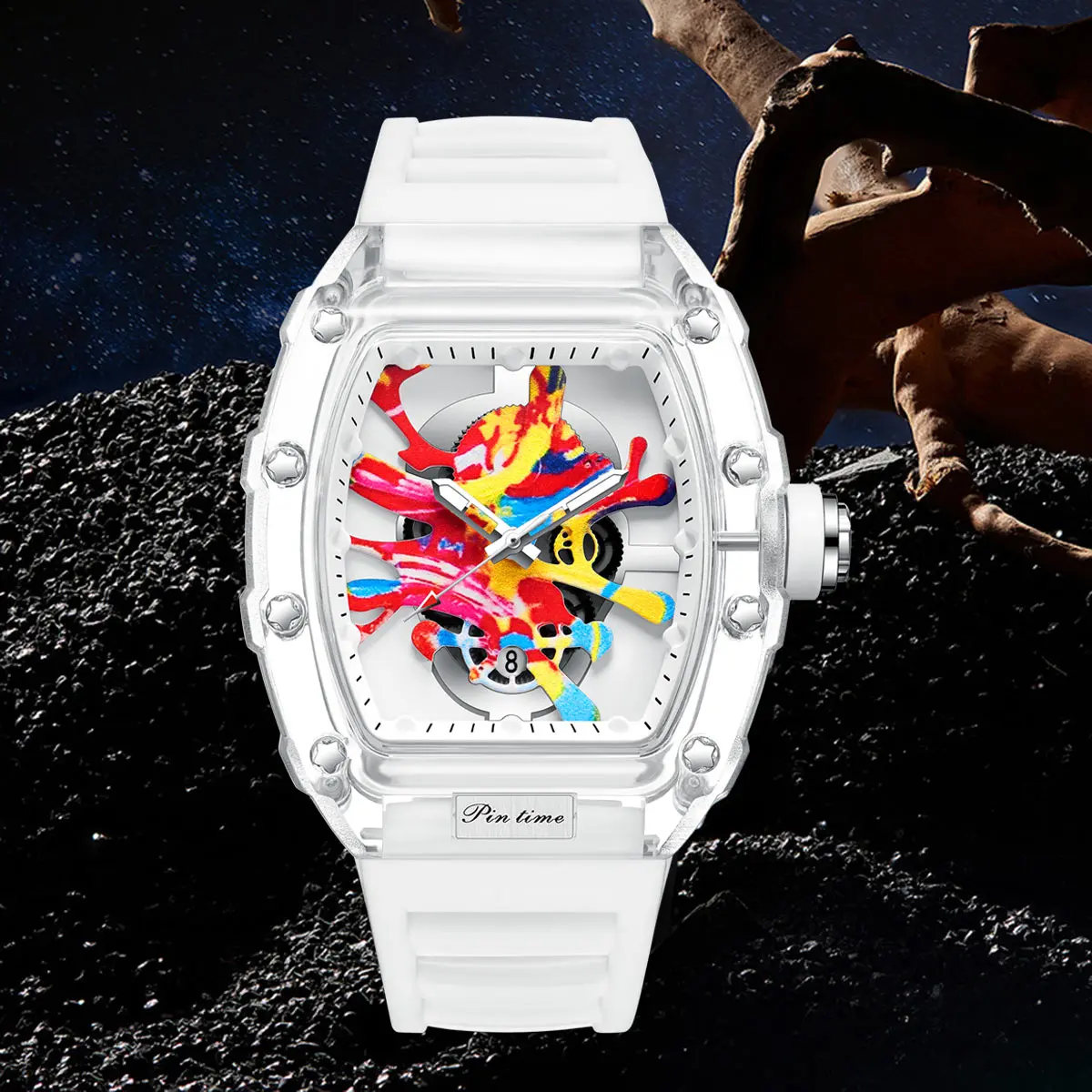 Multicolor-Sport-Tonneau-Watch-Graffiti-Dial-Transparent-Case-Green ...