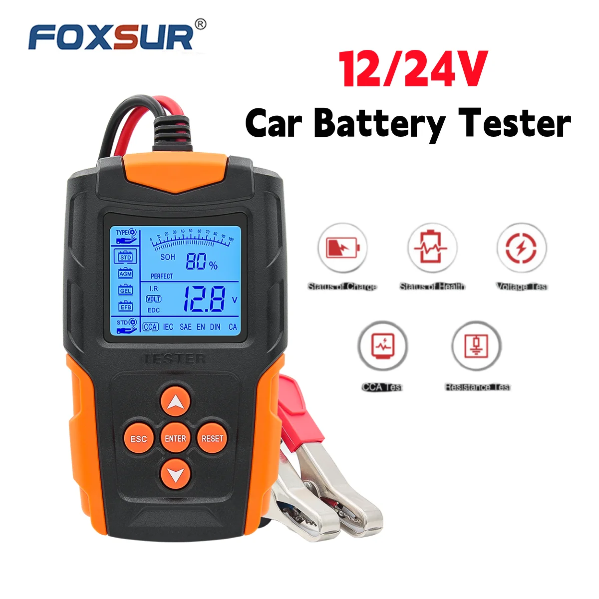 FOXSUR FBT200 12V 24V Smart Car Battery Tester CCA LCD Battery Analyzer ...