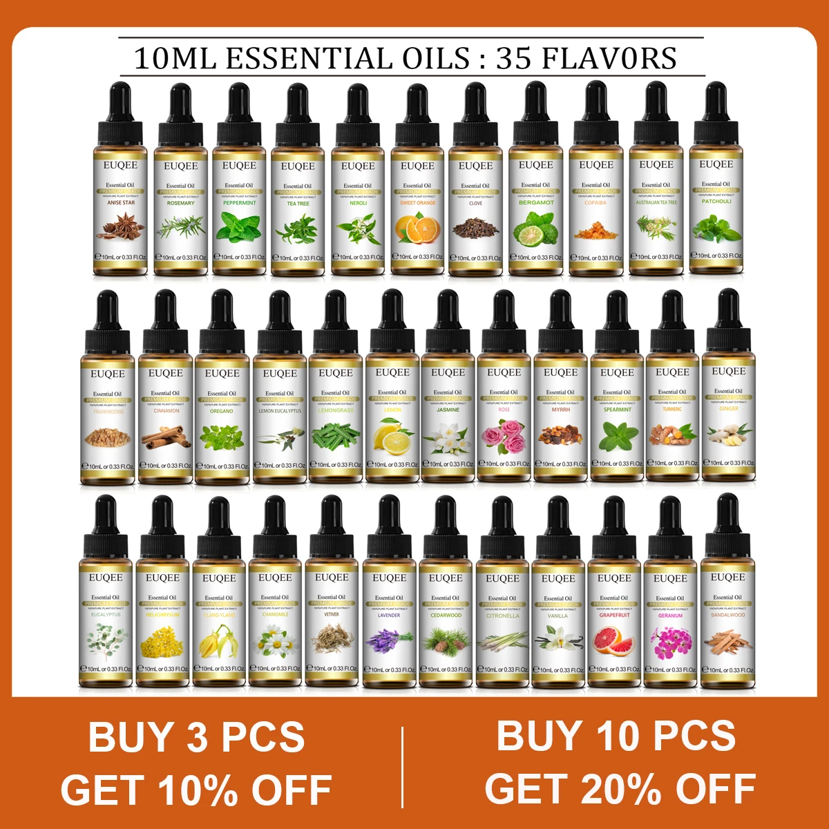 Euqee 10ml With Dropper Natural Plant Essential Oil For Diffuser ...