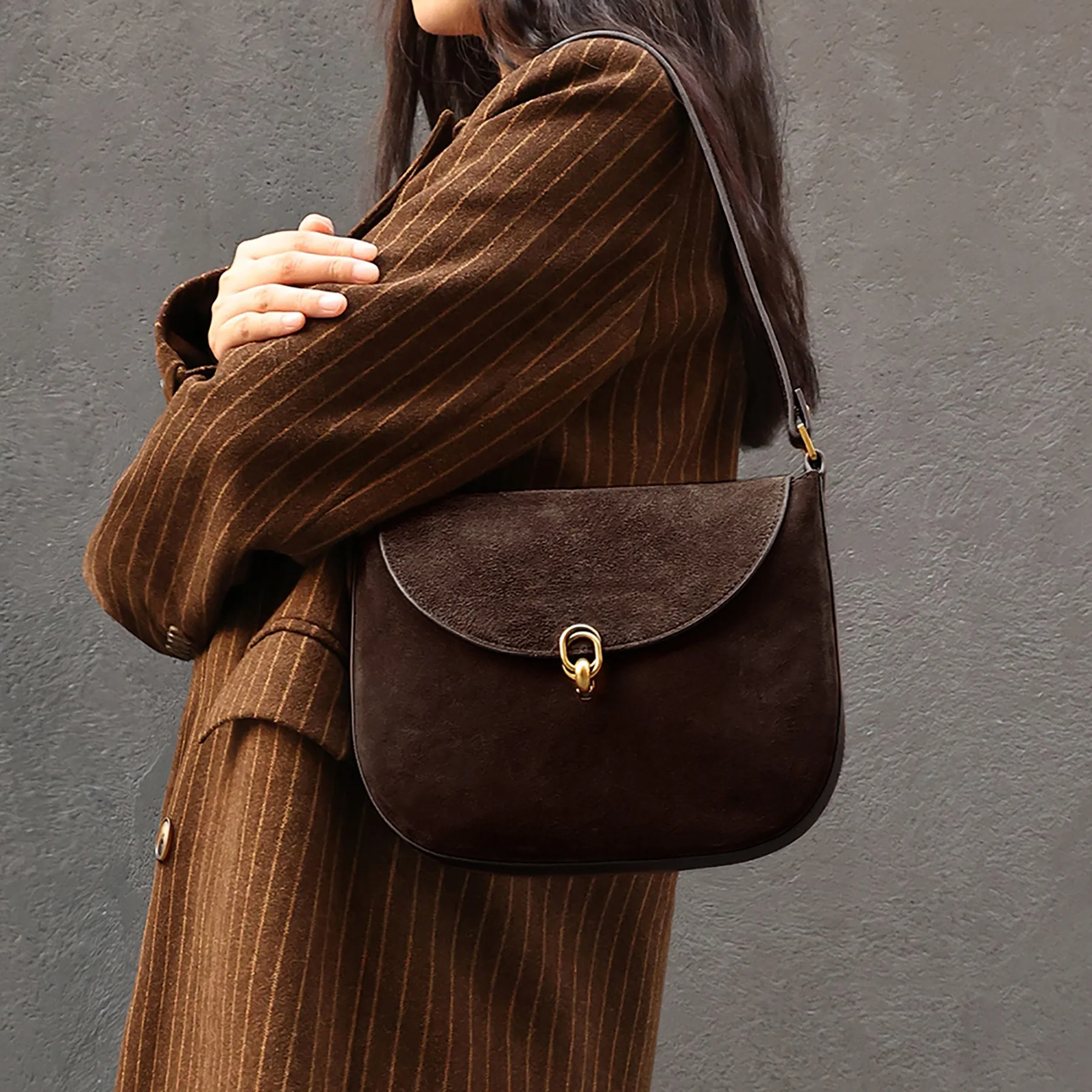 2025 A/W Matte Leather Saddle Bag - Women's Genuine Nubuck Underarm ...
