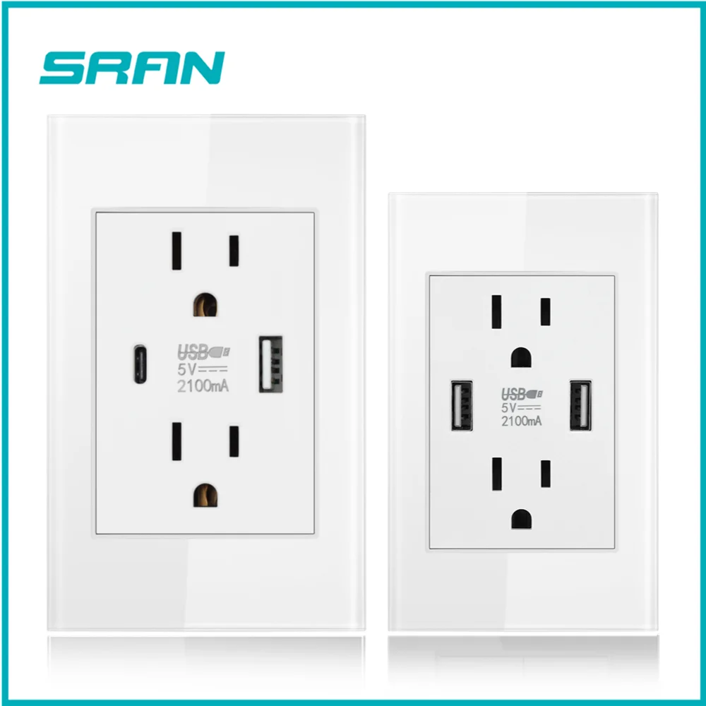 SRAN-Type-C-USB-Double-US-Standard-Outlet-White-Tempered-Glass-5V-2-1A ...