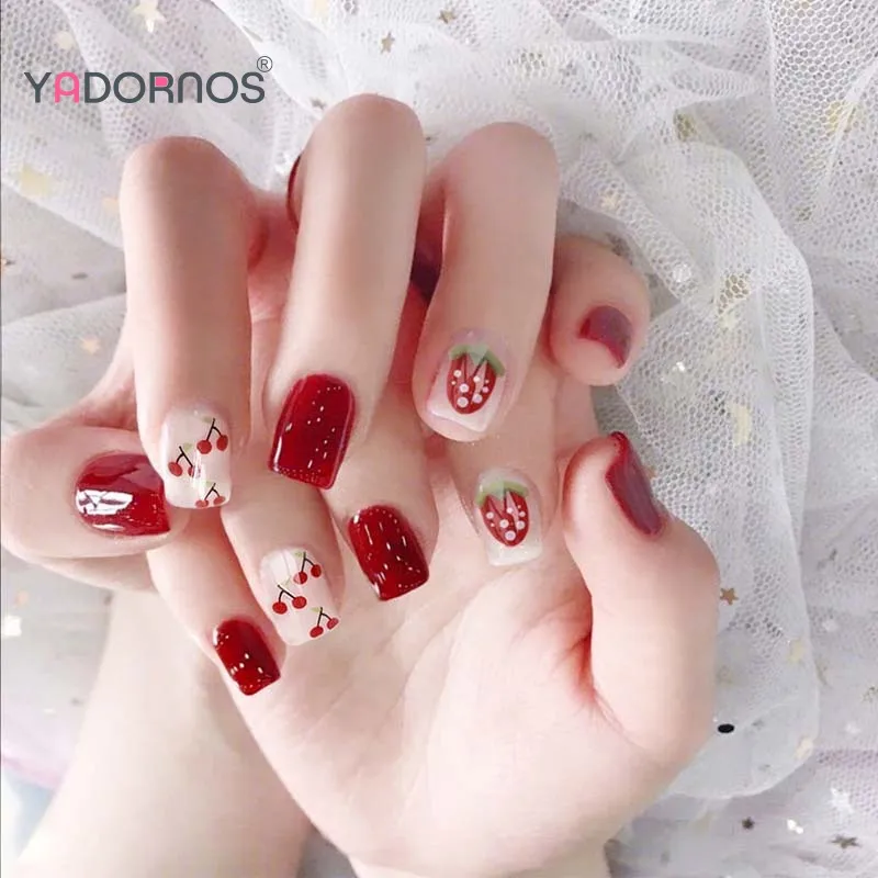 24Pcs-Fake-Nails-Red-Strawberry-Cherry-Full-Cover-Press-on-Nail-Tips ...