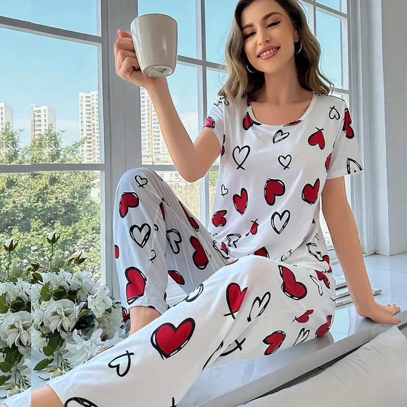 Women's Pajamas Set Casual Heart Print Short Sleeve Top Long Pants ...