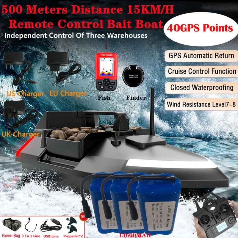 Smart Sonar Fish Finder 40GPS Auto Return RC Bait Boat 500M Fixed Speed ...