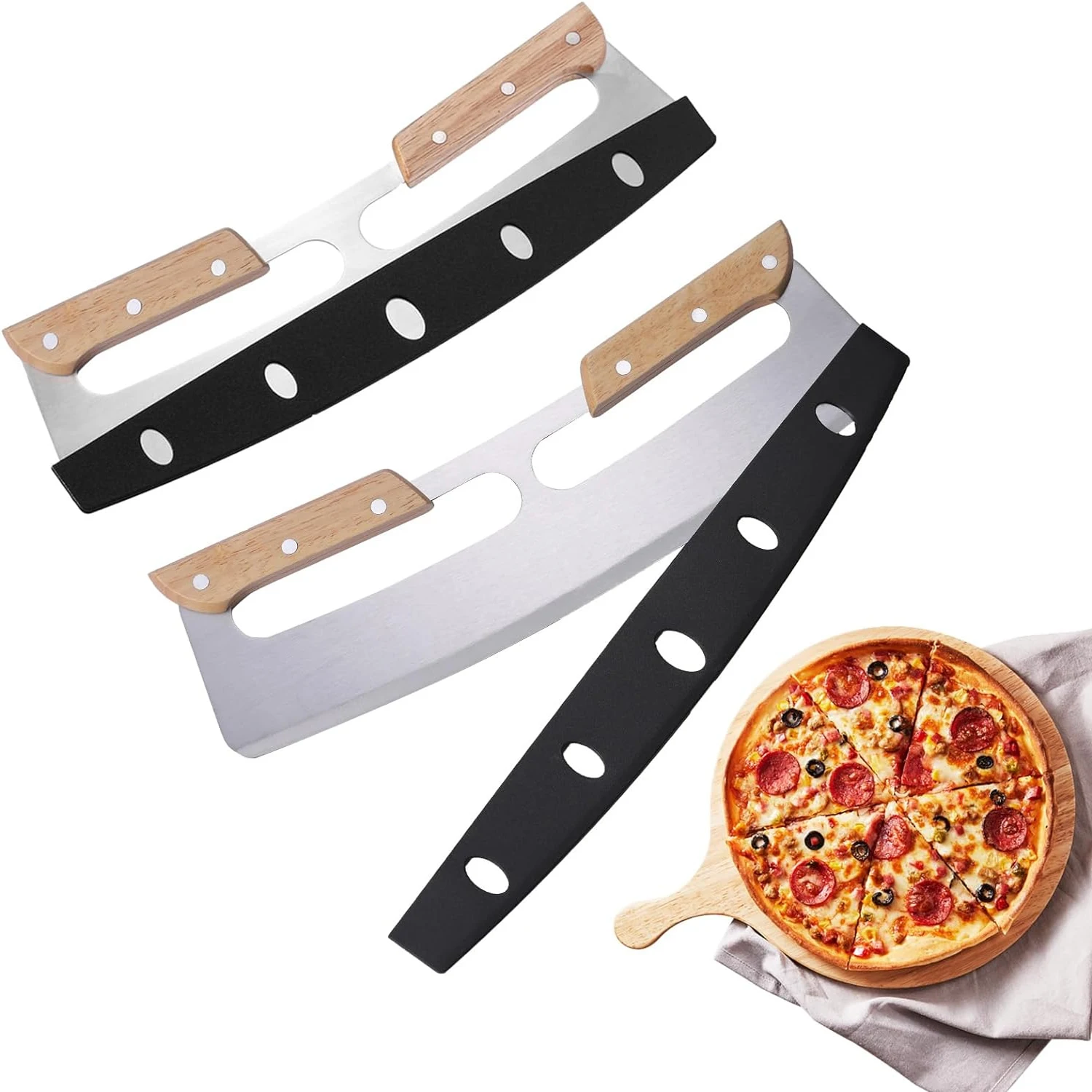 Stainless-Steel-Pizza-Cutter-Pizza-Slicer-Mezzaluna-Salad-Chopper-Wood ...