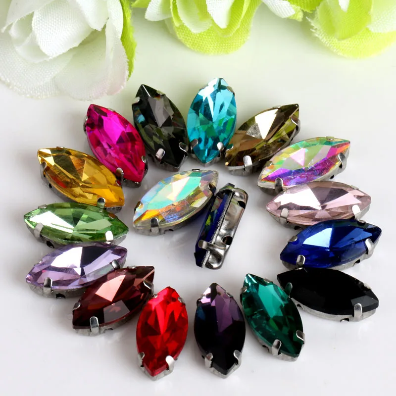 Horse Eye / Leaf Shape Glass Rhinestones With Claw Sew On Crystal Stone ...