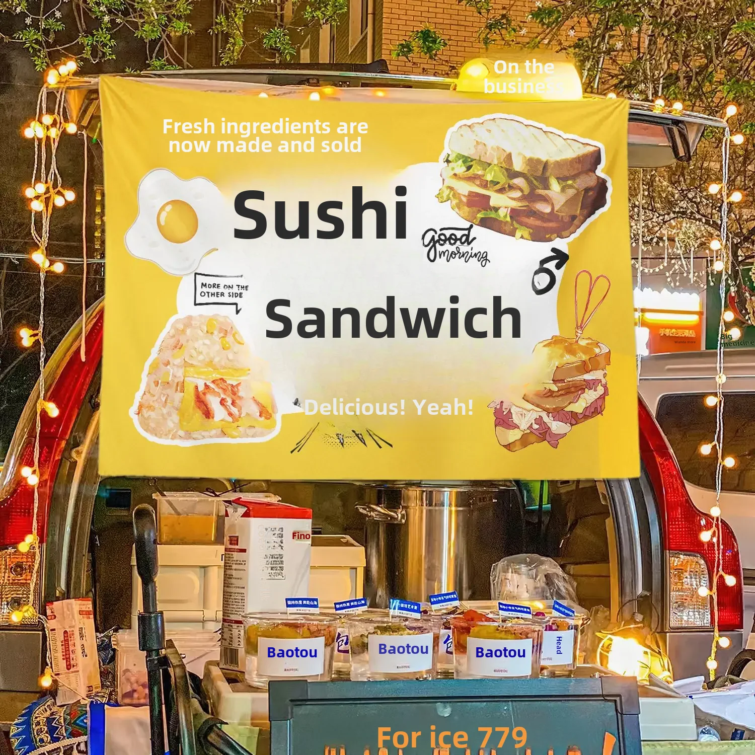 Deliciosas bolas de arroz Three Ming Tang Puesto de tela Mercado nocturno Puesto de tela Lado de ...