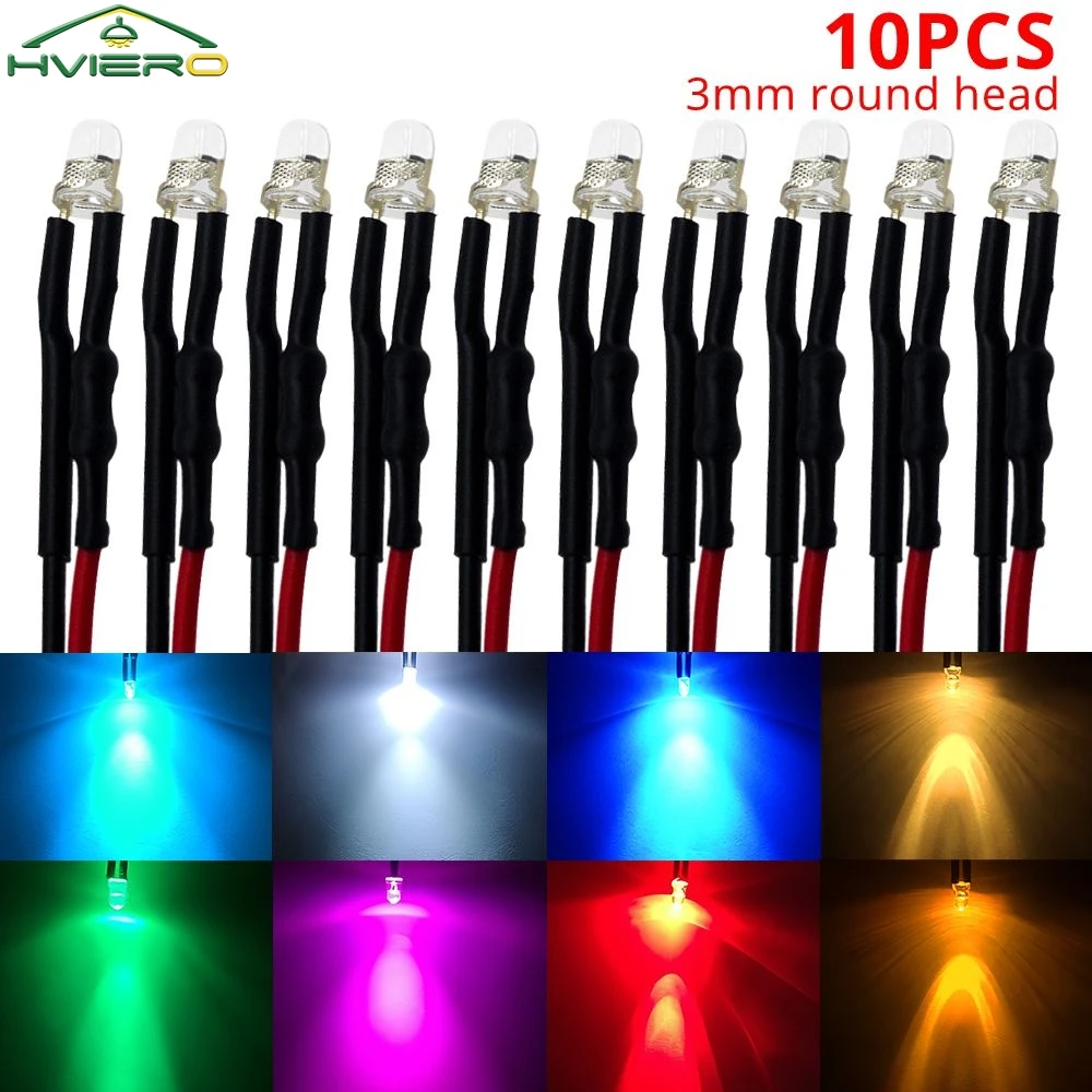 10Pcs 3mm Round Top Light Beads Pre Wired LED Water Clear Cable 20cm ...