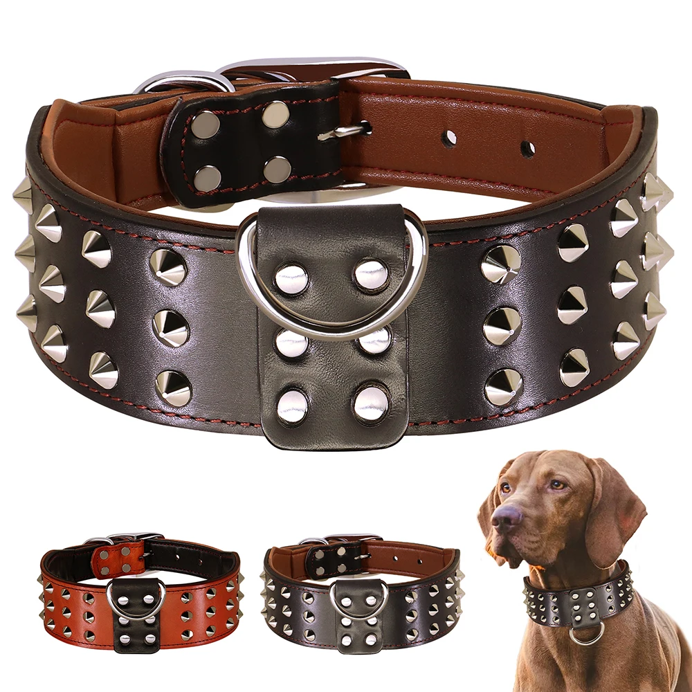 Spiked-Studded-Big-Dog-Collar-Genuine-Leather-Wide-Collars-For-Medium ...