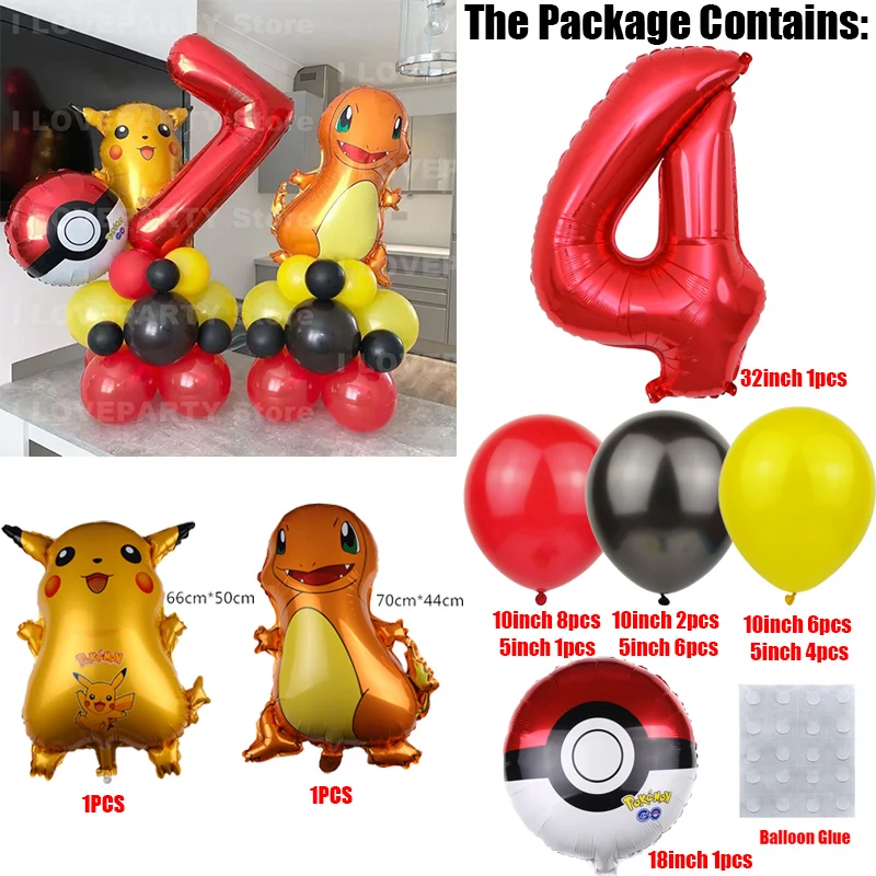 32pcs/set Pokemon Birthday Balloon Garland Arch Kit 32" Number Foil Balloon Party Decorations ...