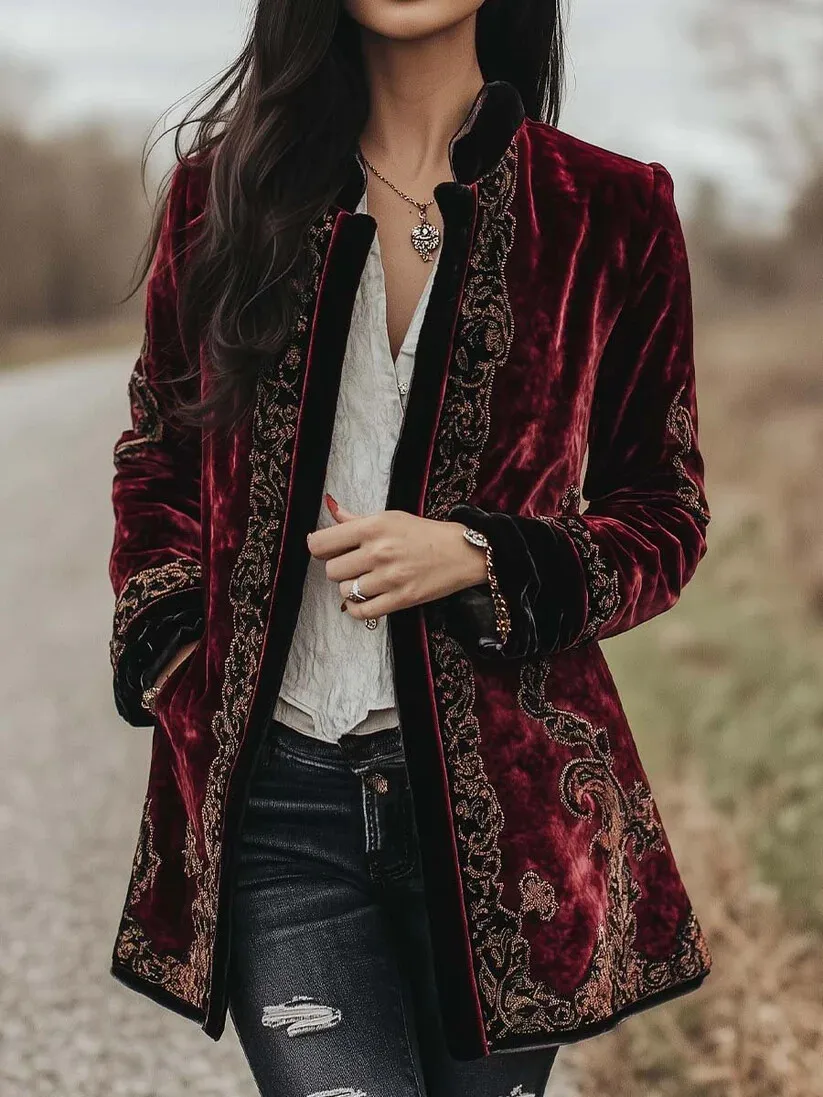 Elegant Chic Women's Floral Pattern Cardigan Velvet Jacket Slim Fit ...
