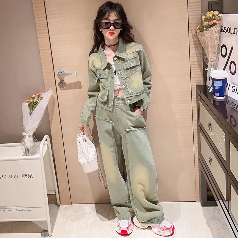 Teenager-Girls-Denim-Set-Casual-Jacket-Wide-Leg-Jeans-2-Pieces-Kids ...