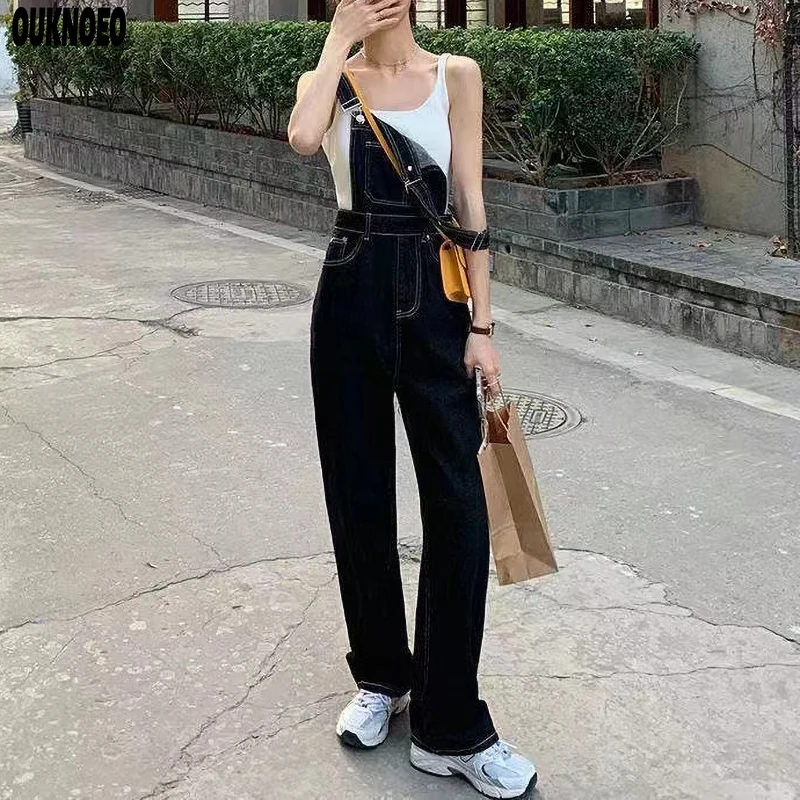 여성용 데님 점프수트 블랙 스트레이트 와이드 레그 팬츠 2023 한국 스트리트웨어 루즈한 하이 웨이스트 얇은 오버롤 봄
