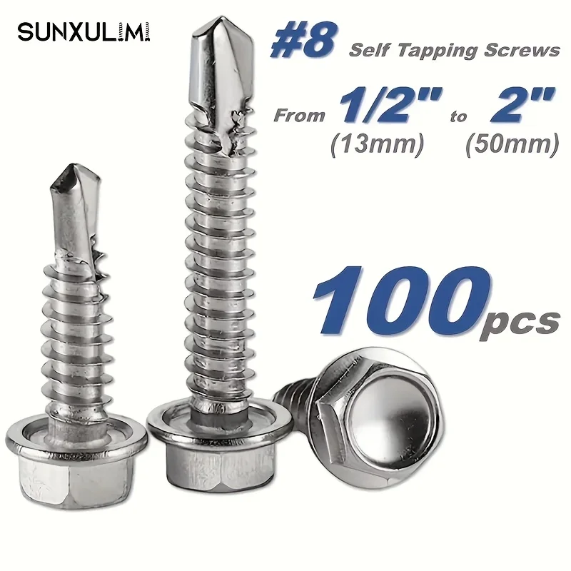 100pcs #8 Self-Tapping TEK Screws, 410 Stainless Steel Hex Washer Head ...