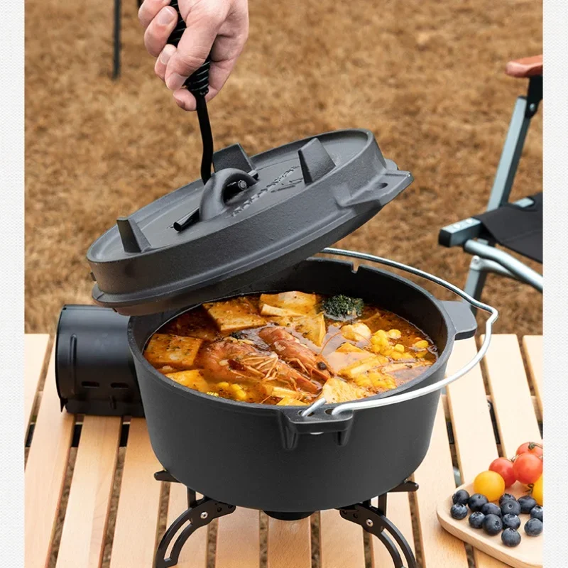 Thickened Cast Iron Stew Pot Camping Dutch Multi-functional Hanging Pan ...
