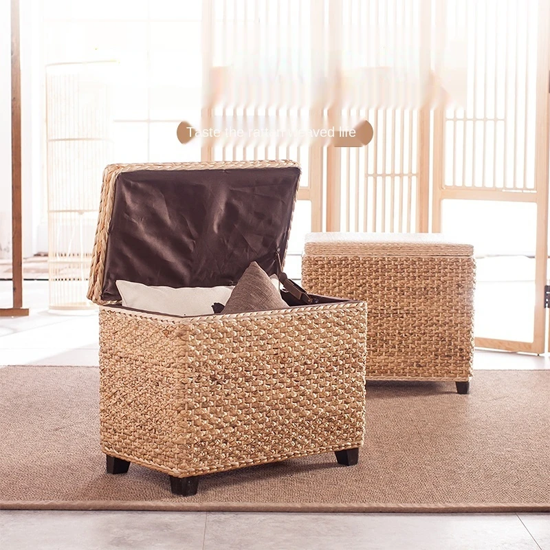 Handknitted-Solid-Wooden-Storage-Stool-Light-Simple-Rattan-Pouf ...