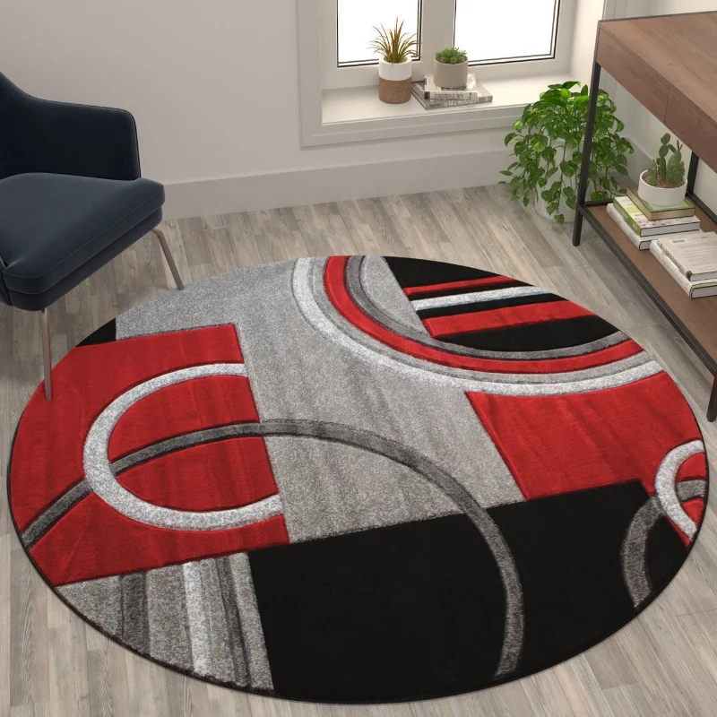 Living-Room-Carpet-Round-5-x5-Red-Abstract-Area-Rug-Olefin-Rug-with ...