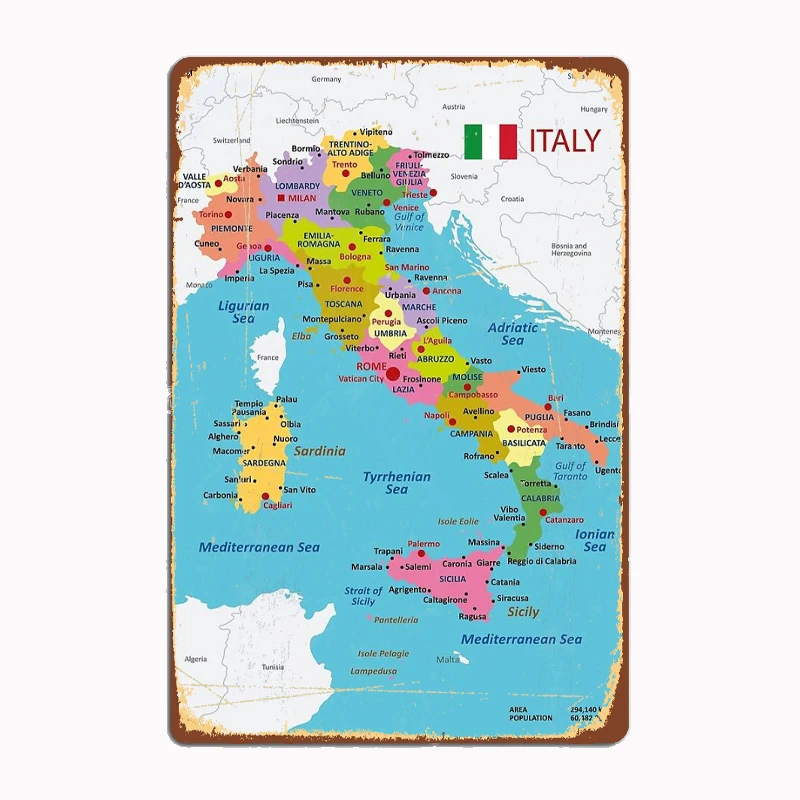 Italy-Map-with-Regions-and-Main-Cities-Metal-Sign-Mural-Painting-Cinema ...