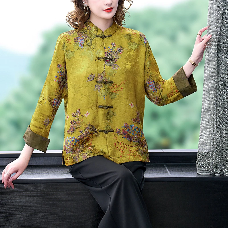 Pluse Size Chinese Style Jacquard Shirt Women 2023 Spring and Autumn ...
