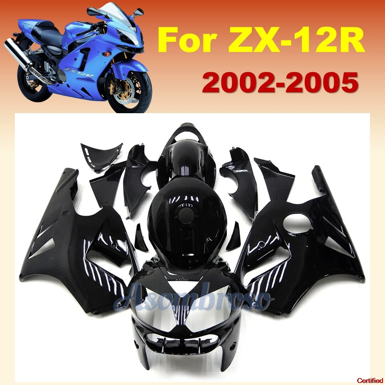 All Black ABS Fairing kit for Ninja ZX12R 2002 2003 2004 2005 ZX-12R 02 ...