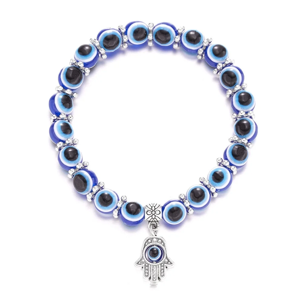 Blue Evil Eye Palm Round Bead Bracelet Devil's Eye Wishing Elastic ...