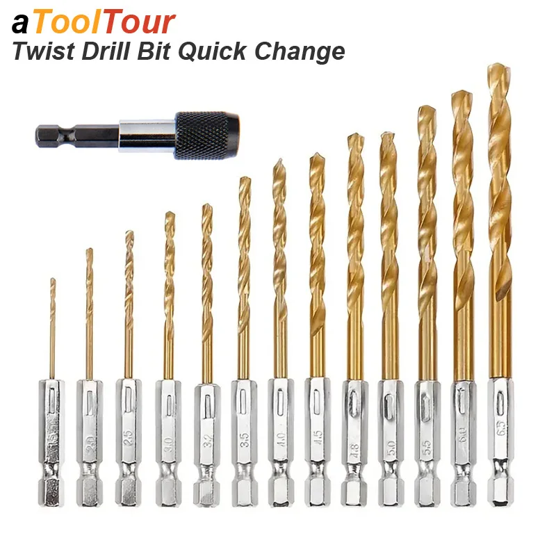Twist Drill Bit Set Titanium Hex Shank HSS with Quick Change Adatper ...