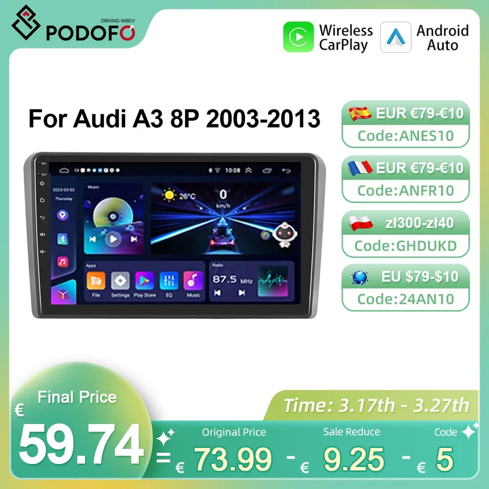 Podofo 8G+128G 9 inch CarPlay Android Radio For Audi A3 8P 2003-2013 Multimedia Player 2din Head ...