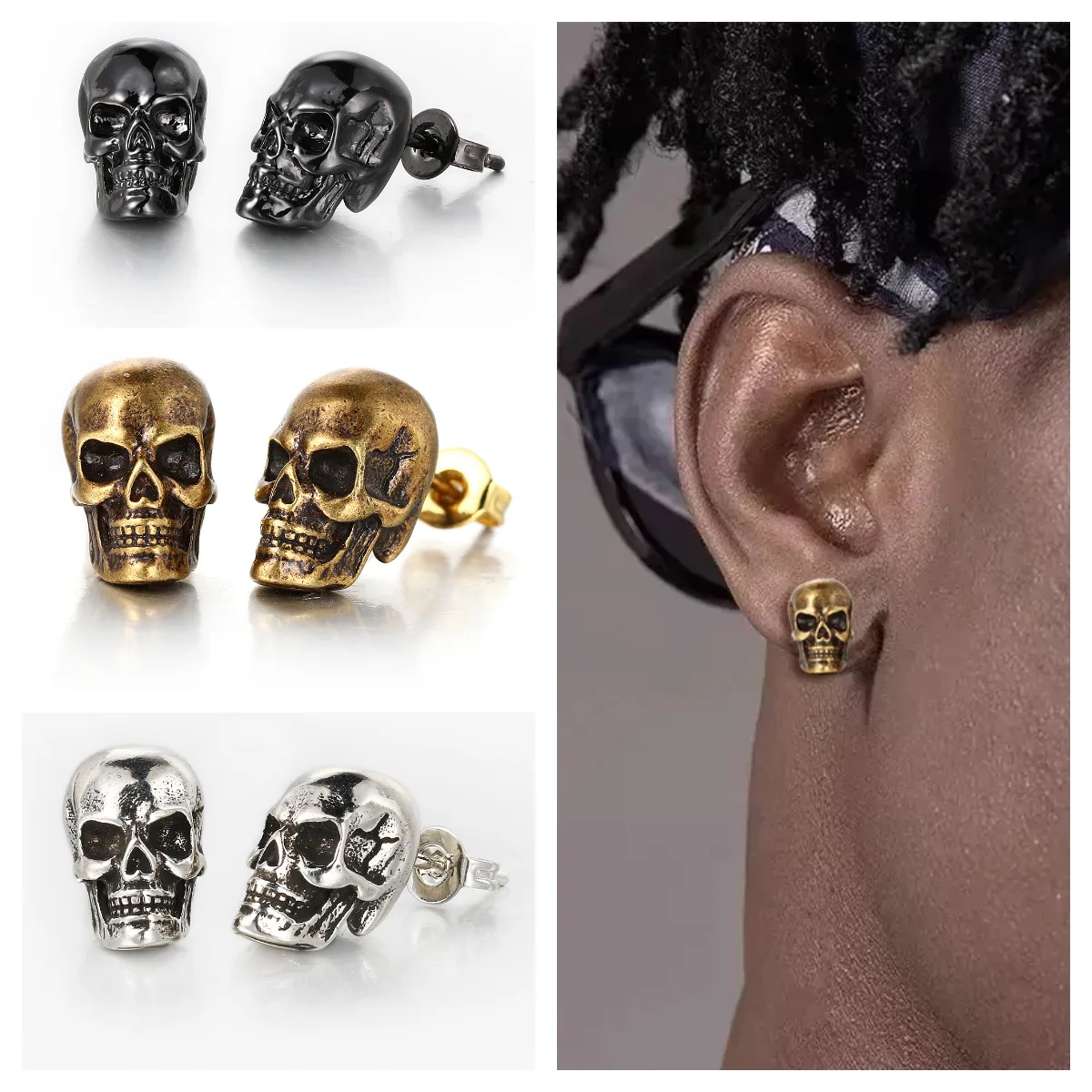 Creative-Vintage-Black-Skull-Needle-Hoop-Hip-Hop-Earrings-Men-Youth ...
