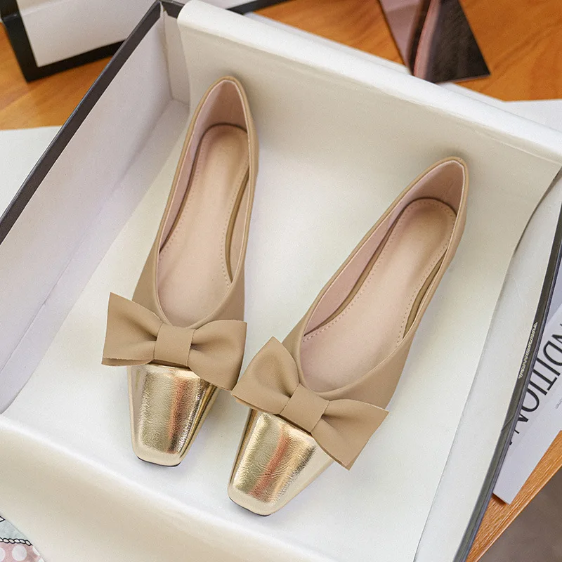 luxury glod square toe single flats women soft leather bowtie ballerina ...