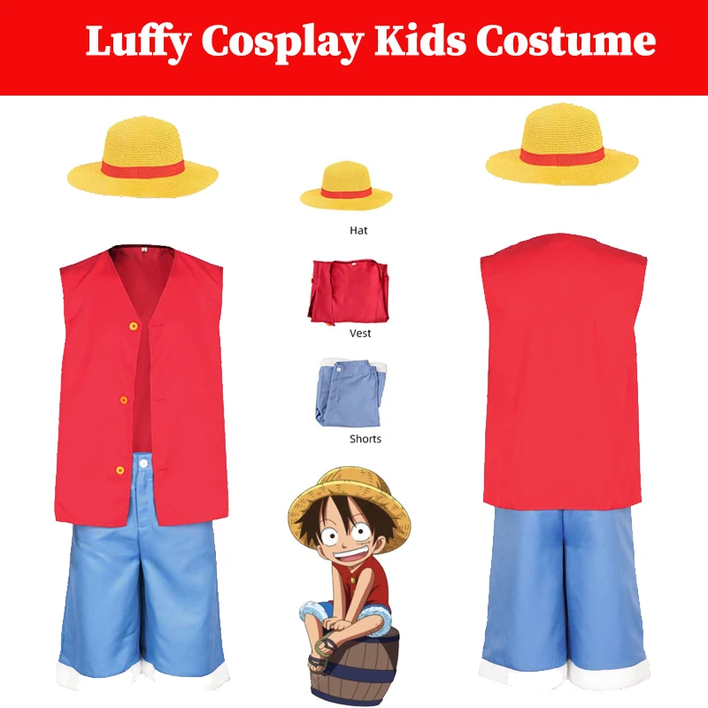 Kids Luffy Cosplay Anime One Cos Piece Disguise Costume Coat Pants Hat ...