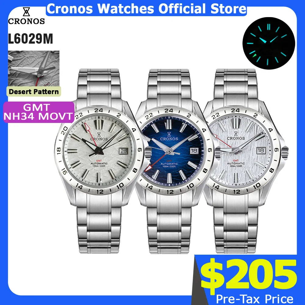 Cronos GS Mechanical Men Watch 39mm Birch Pattern GMT NH34 Automatic ...