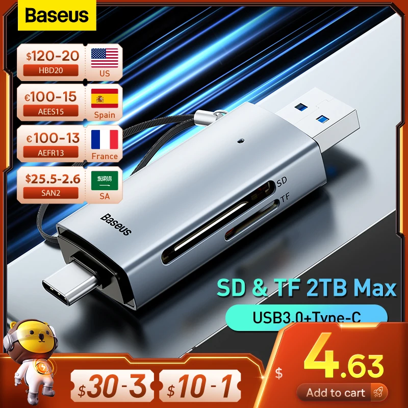 Baseus Card Reader USB C & USB3.0 to SD Micro SD TF Memory Card Device ...