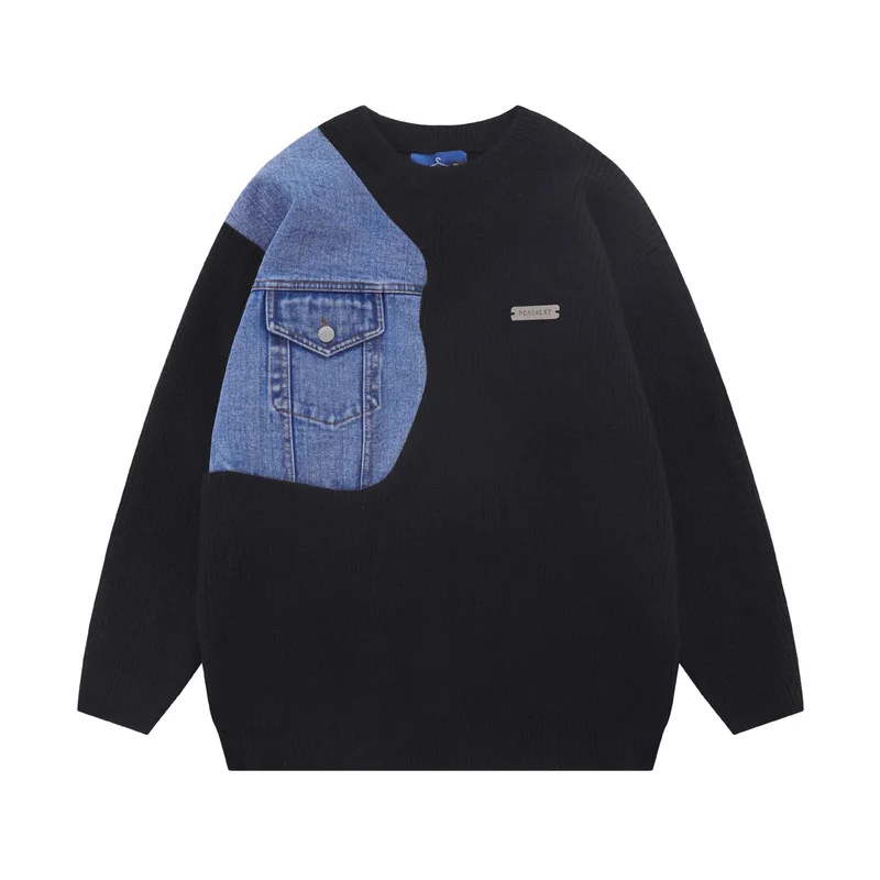 Sweter-Rajut-Hip-Hop-Sweter-Denim-Warna-Kontras-Sambungan-Pria-Pullover ...