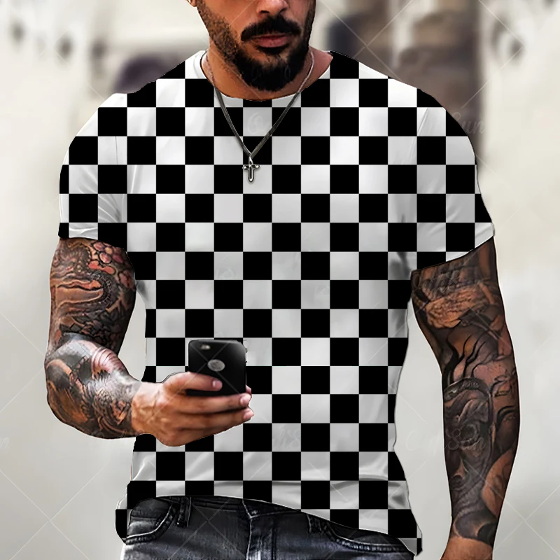 Men-s-New-3D-Printed-Square-Check-Pattern-Street-Men-s-Short-Sleeve-T ...