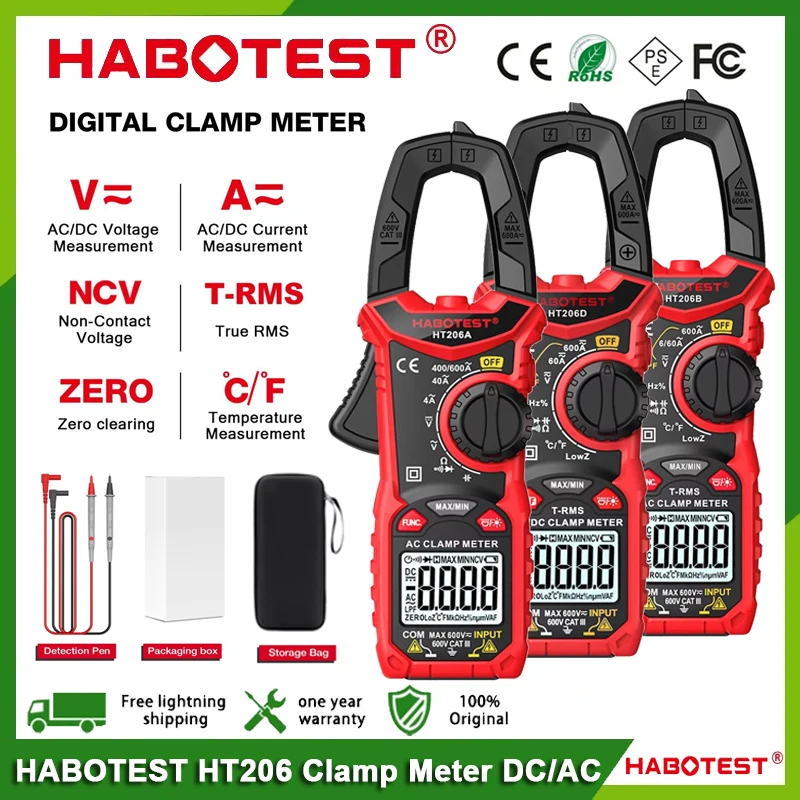 HABOTEST HT206A/B/D Digital Clamp Meter DC/AC Current 600A Multimeter ...