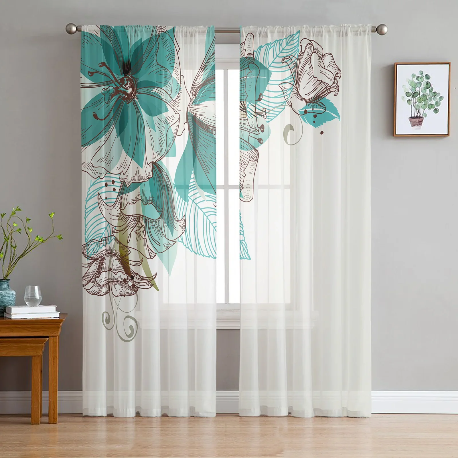 Flowers-Bloom-Turquoise-Plants-Roses-Modern-Tulle-Curtains-for-Living ...