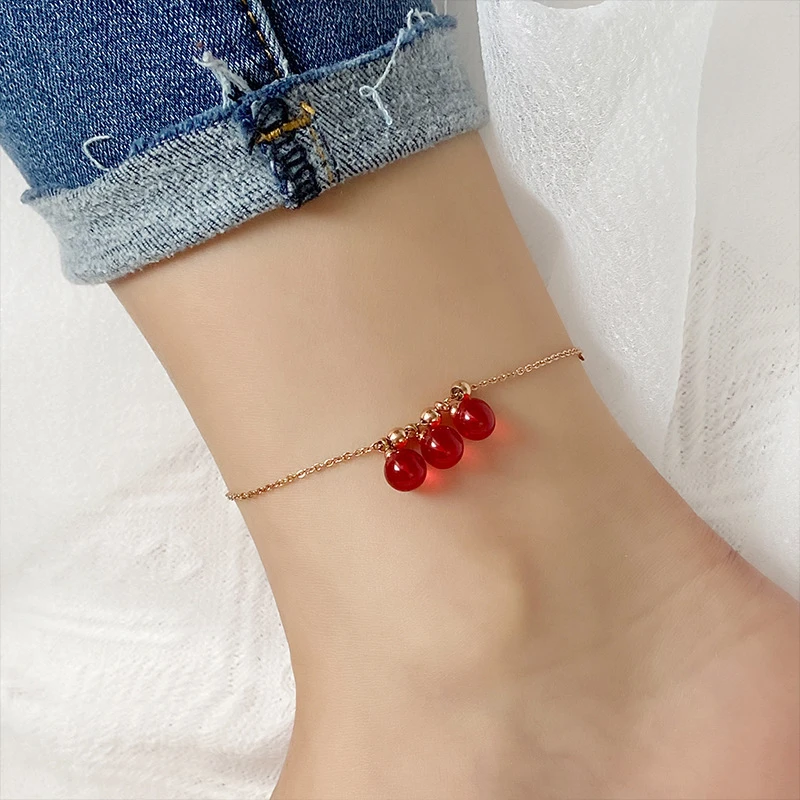 High Quality Red Bead Pendant Anklet Female 18k Gold Plated Titanium ...