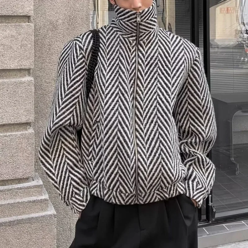 British-Style-Black-White-Striped-Jacket-Autumn-Classic-Stand-Collar ...