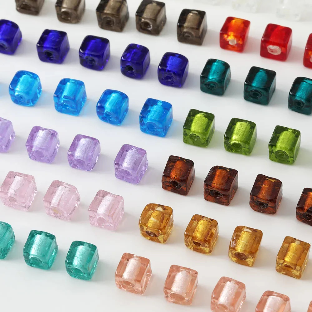 6PCS-Square-Glass-Beads-Cube-Lucite-Septal-Bead-Containing-Silver-Foil ...