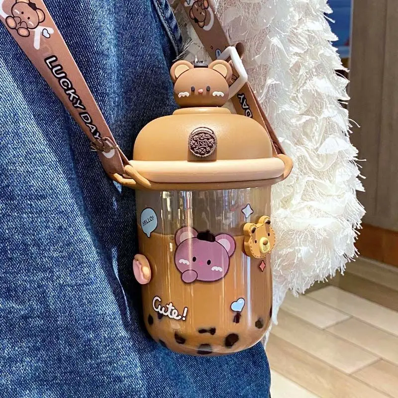 Cute Water Cup Girls Kawaii Bubble Tea Cup With Lid And Straw Children ...